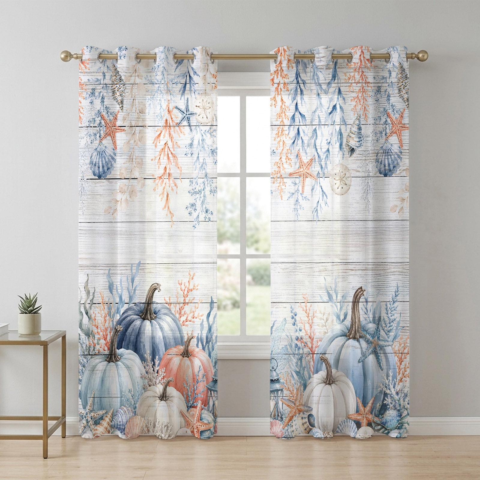 Coastal Thanksgiving Sheer Curtains 84 Inch Long 2 Panels, Orange Blue ...