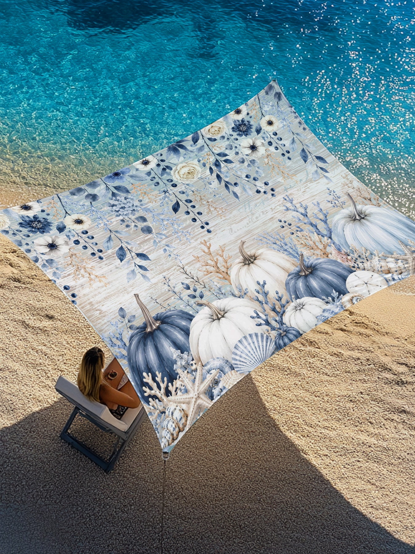 Coastal Thanksgiving Sun Shade Sail 14' x 18', Blue Pumpkin Cone Shell ...