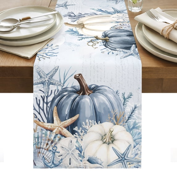 Coastal Thanksgiving Table Runner, Fall Rustic Blue Pumpkin Starfish ...