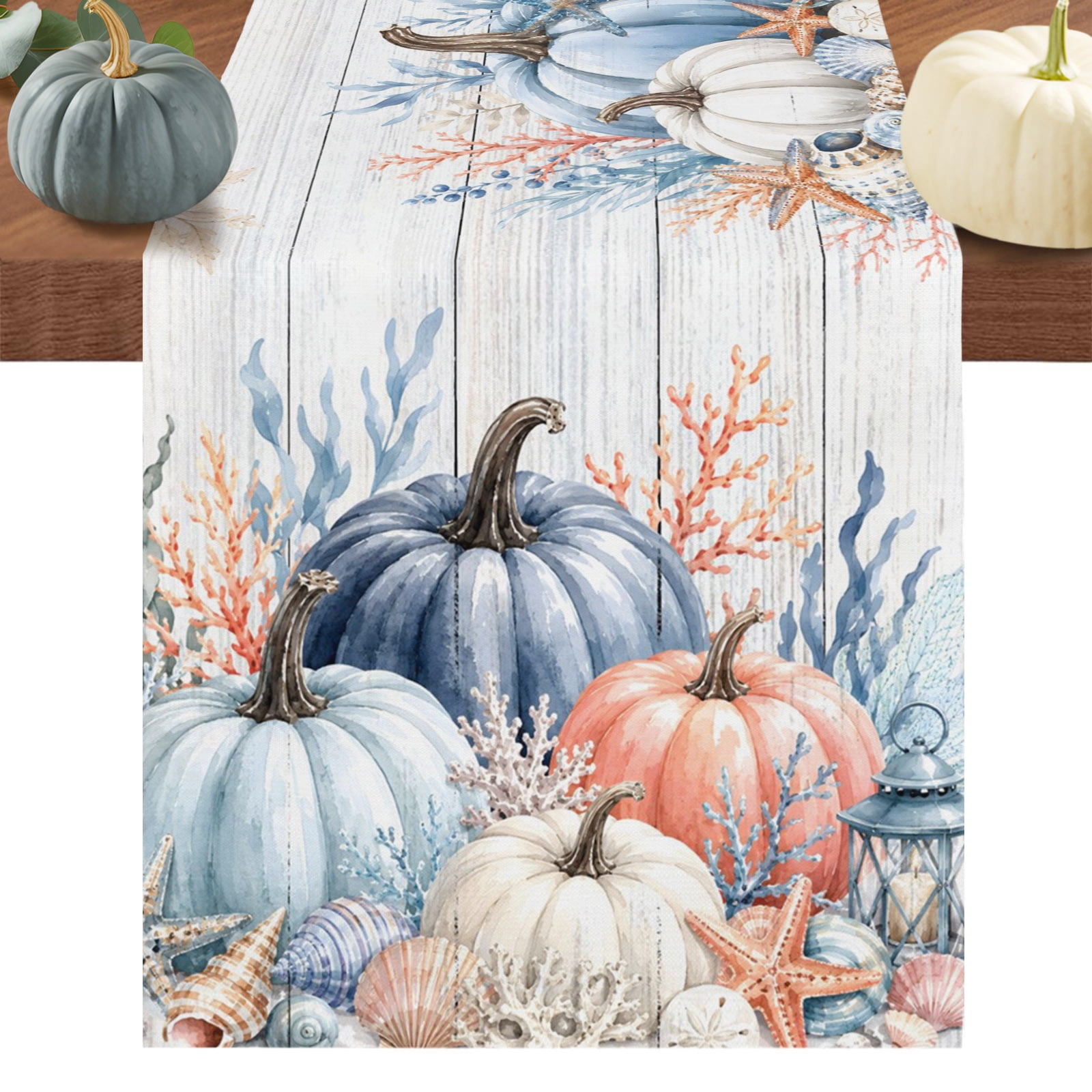 Coastal Thanksgiving Table Runner, Orange Blue Fall Pumpkin Seaweed ...