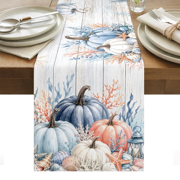 Coastal Thanksgiving Table Runner, Orange Blue Fall Pumpkin Seaweed ...