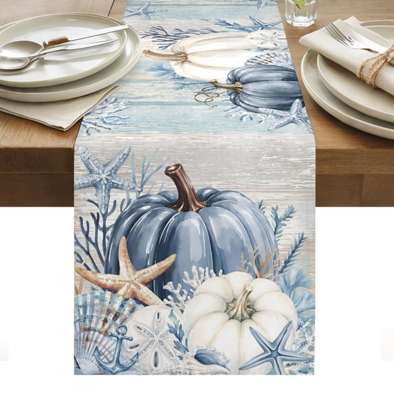 Coastal Thanksgiving Table Runner, Rustic Blue Pumpkin Starfish Blue ...