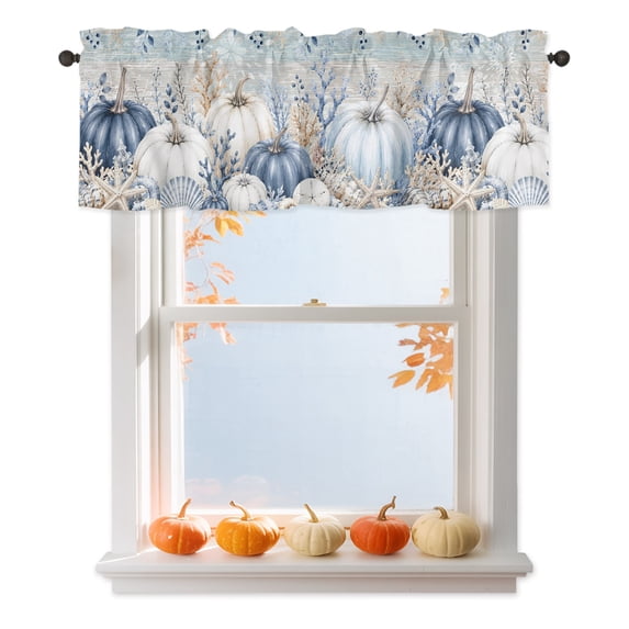Coastal Thanksgiving Valances for Windows, Blue Pumpkin Cone Shell ...