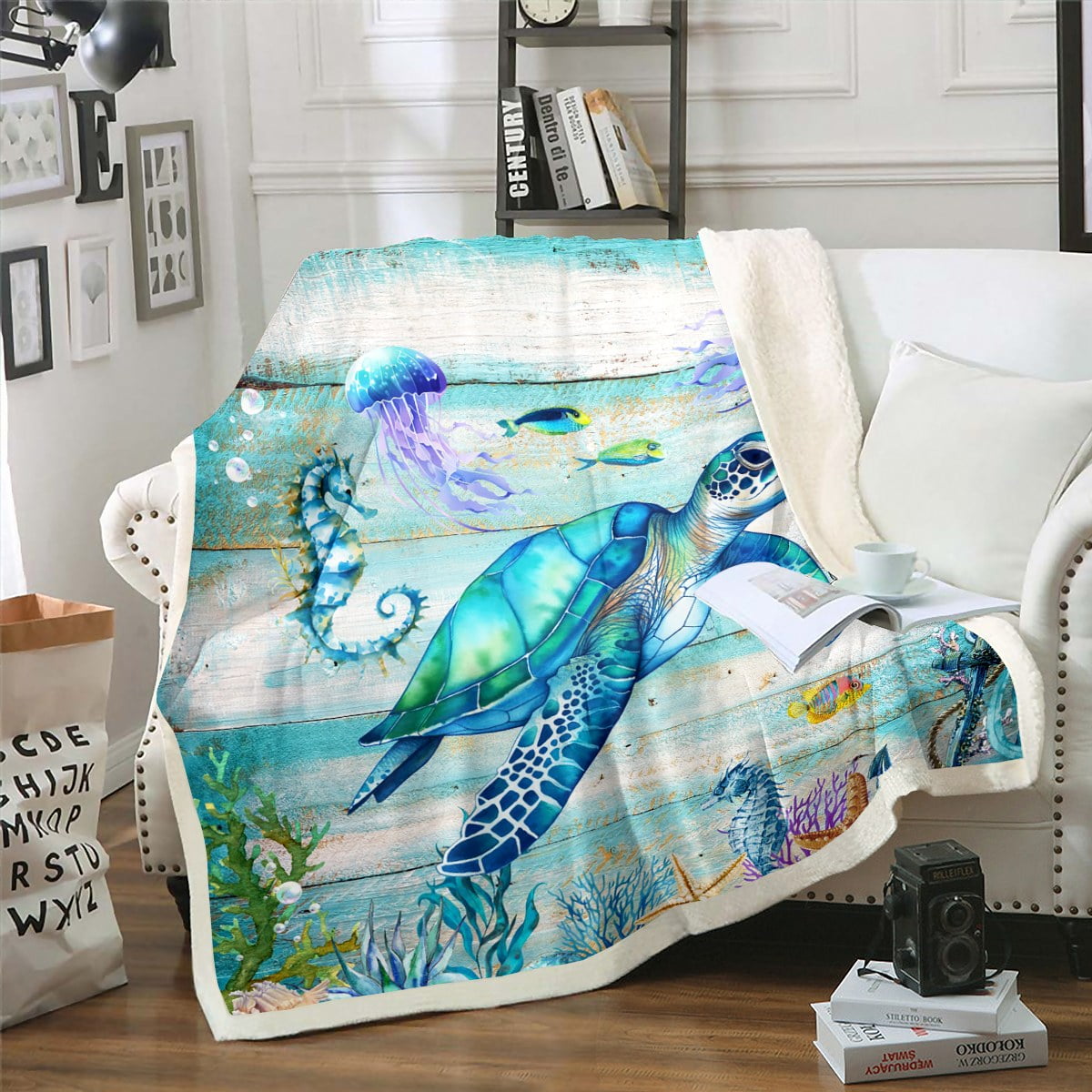 Coastal Throw Blanket Throw 50x60 inch,Summer Sea Turtle Jellyfish ...