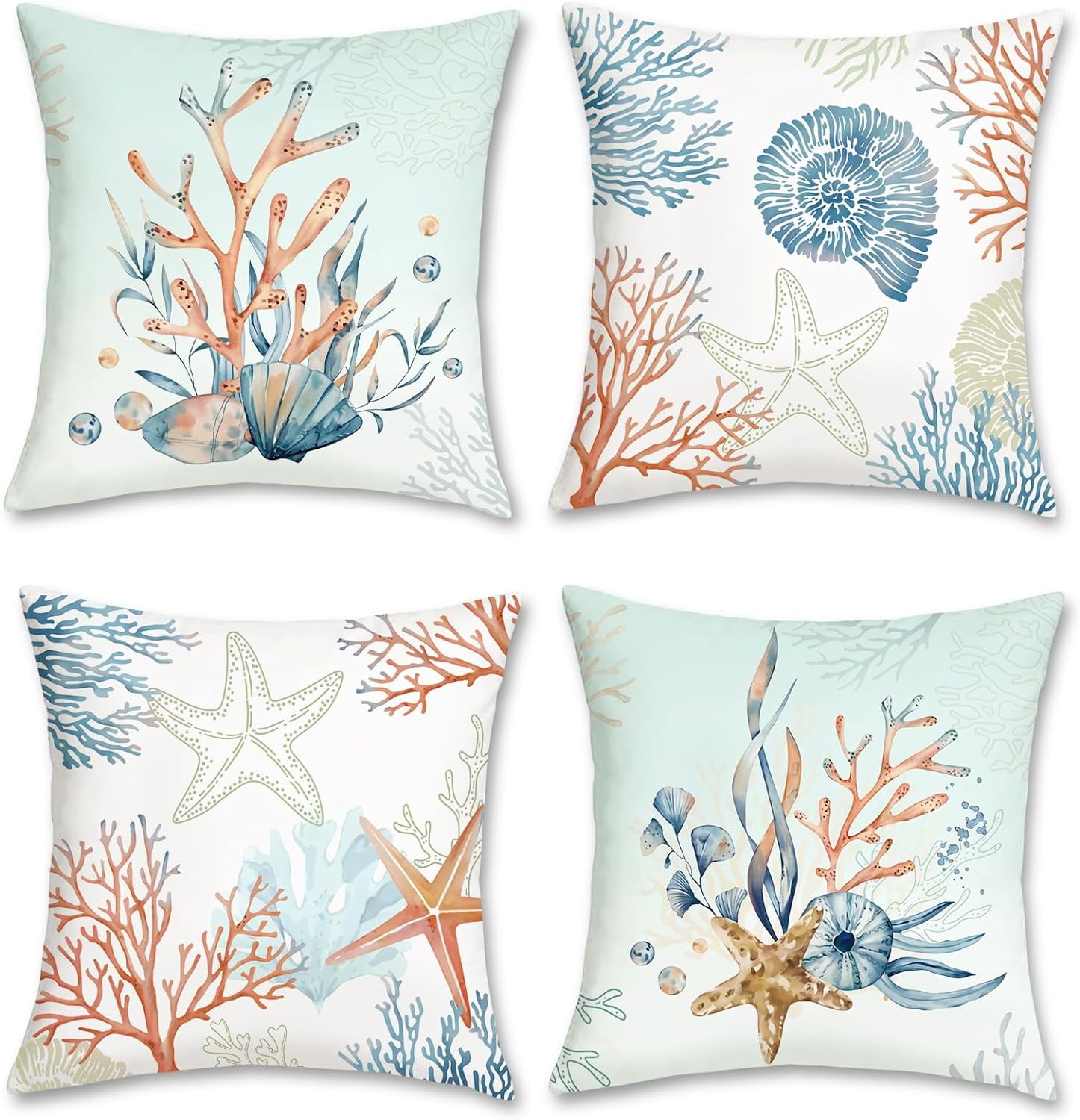 Coastal Throw Pillow Covers 18 x 18 Inch Coral Starfish Seashell Beach ...