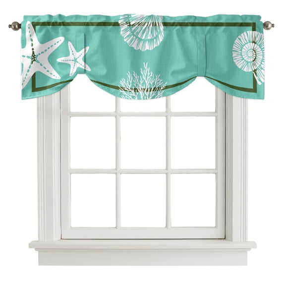 Coastal Tie Up Valances Curtain, Starfish Shell Coral Rustic Turquoise ...