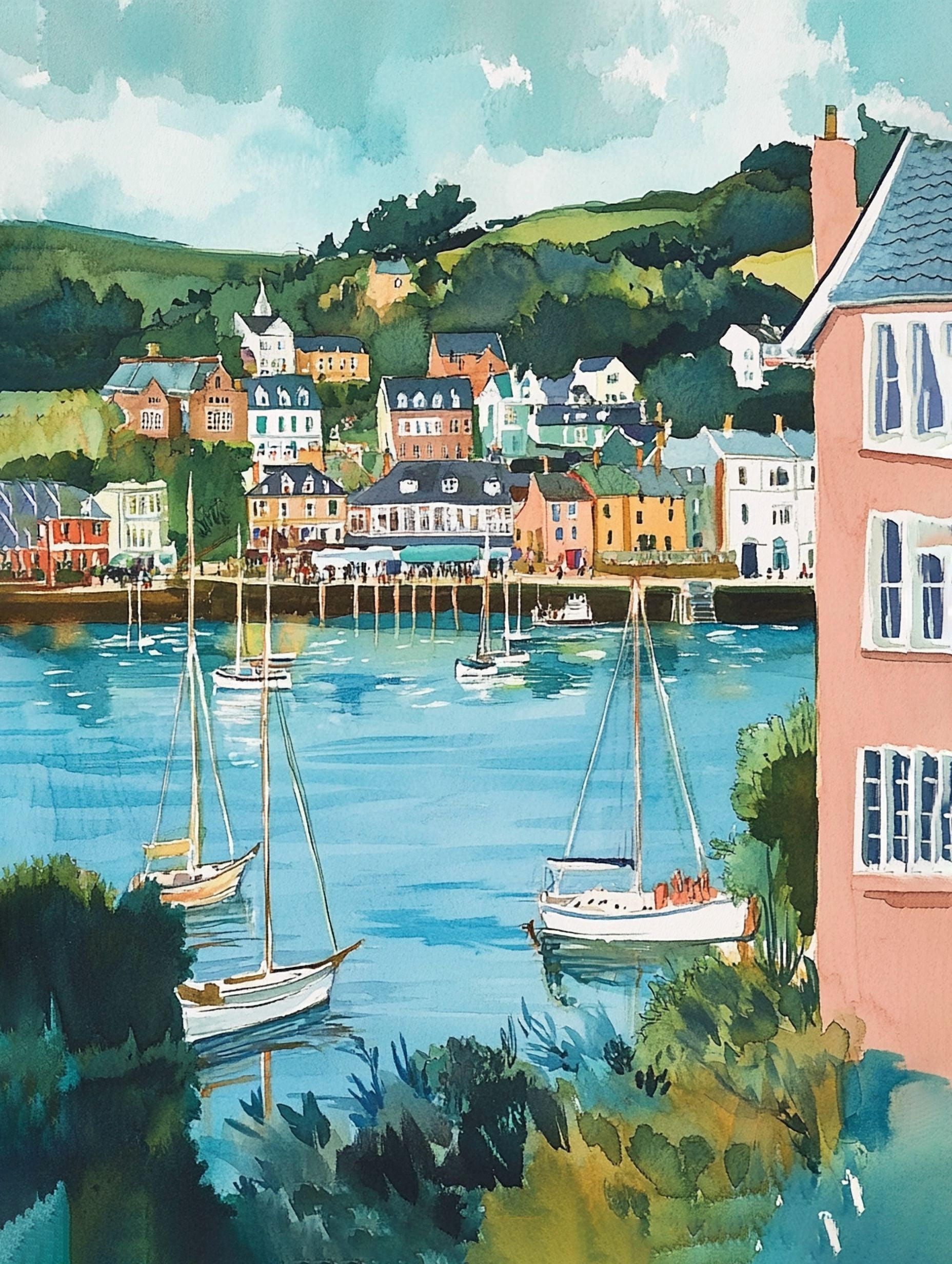 Coastal Town Harbor Sailboats Canvas Wall Art Print， Perfect for Living ...