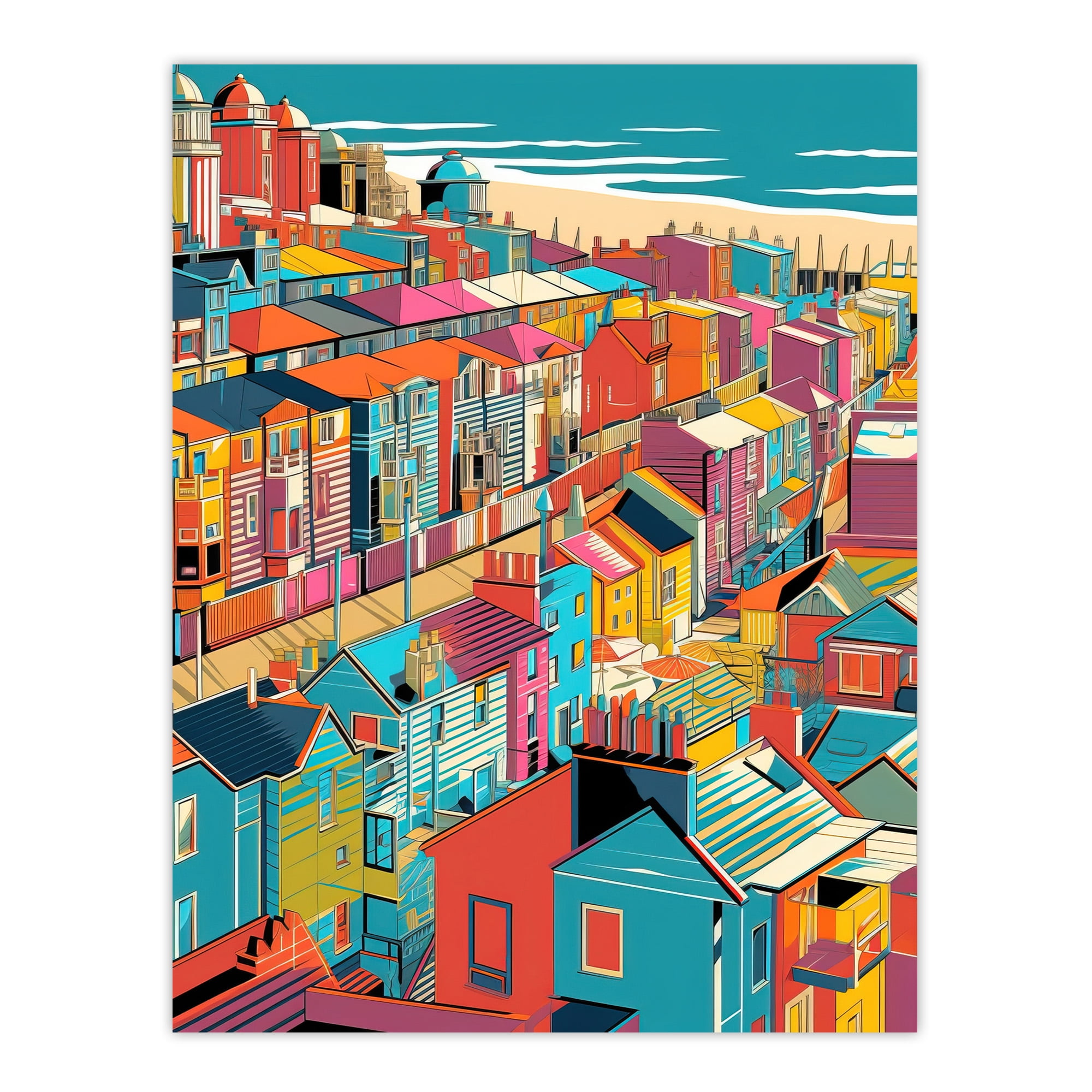 Coastal Townscape Bright Artwork Pink Orange Blue Sandy Beach Town ...