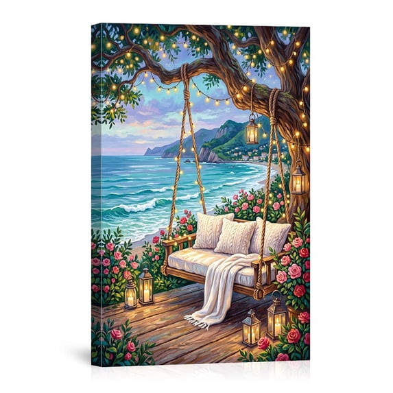 Coastal Tree Swing Romantic Ocean View With Fairy Lights Lanterns For ...