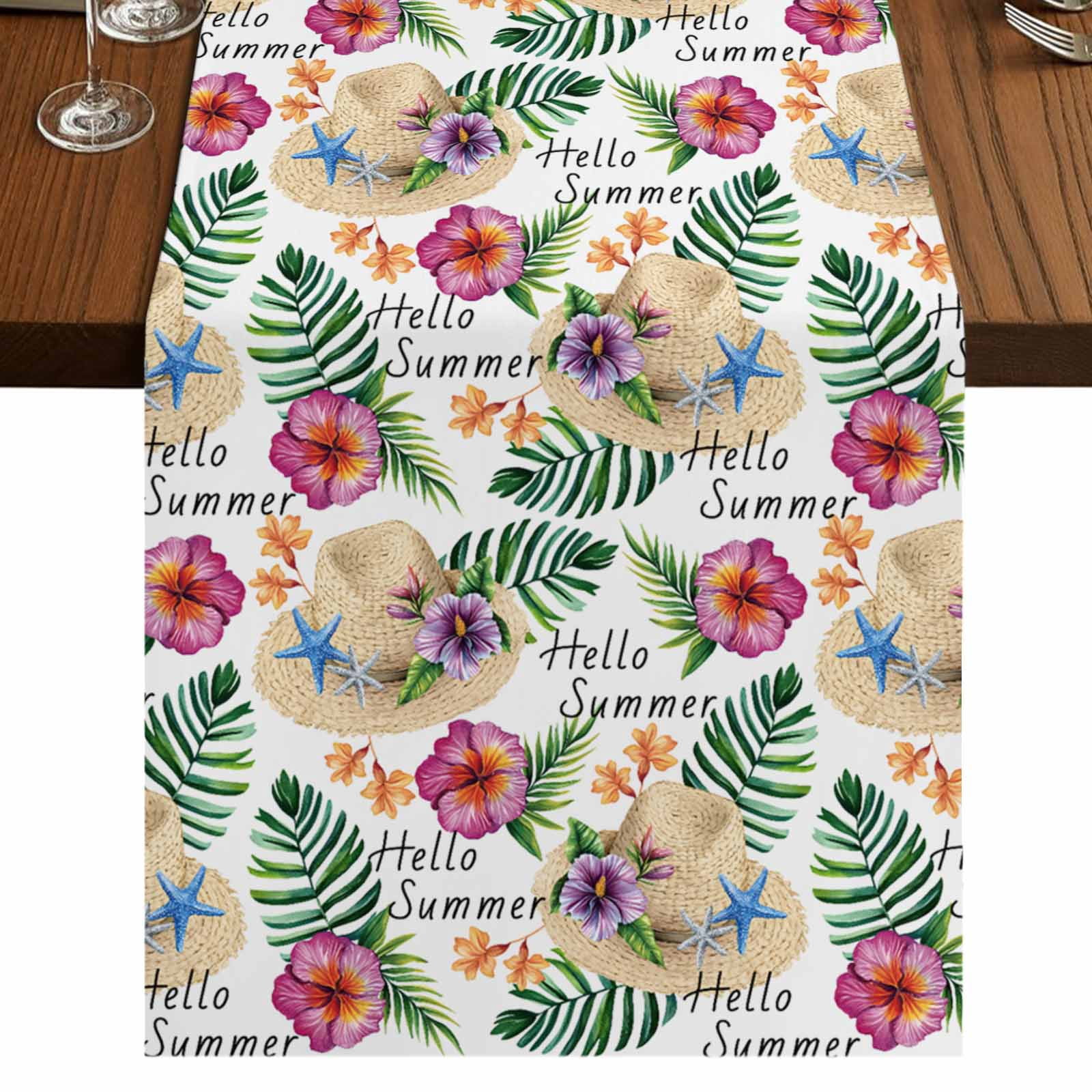Coastal Tropical 60 Inch Table Runner, Green Palm Leaf Flowers Straw ...