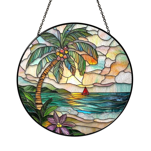 Coastal Tropical Beach Stained Glass Style Window Hanging Suncatcher ...