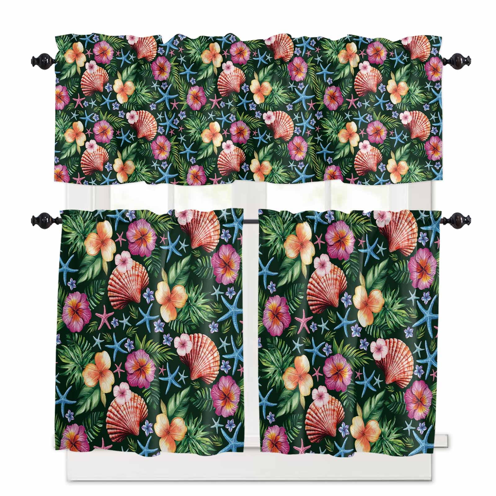 Coastal Tropical Kitchen Curtains Set for Windows 3 Pieces,24 Inch ...