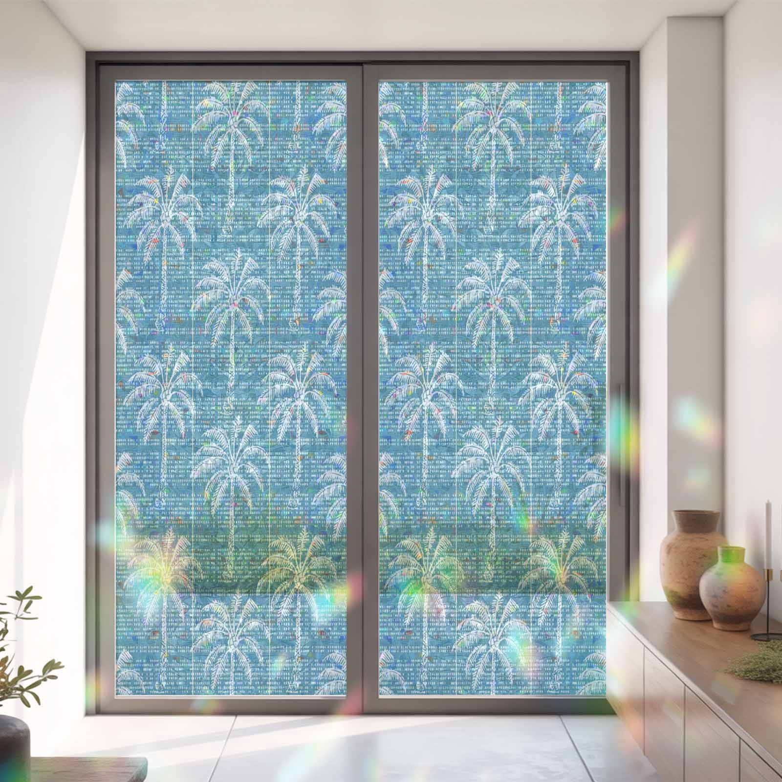 Coastal Tropical Palm Trees on Teal Window Privacy Film, Rainbow Film ...