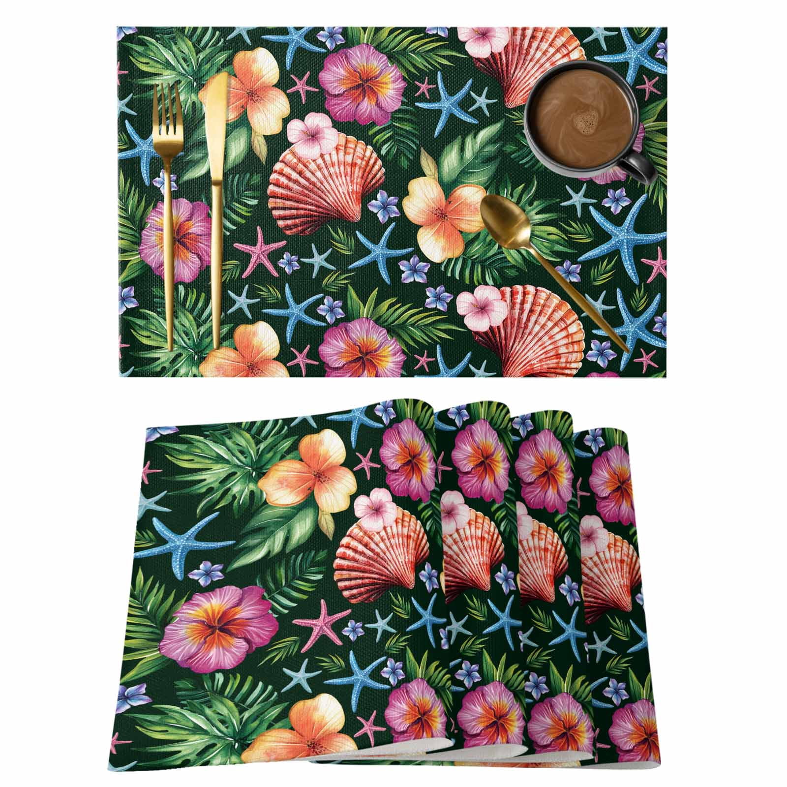 Coastal Tropical Placemats Set of 12 Green Palm Leaf Blue Starfish ...