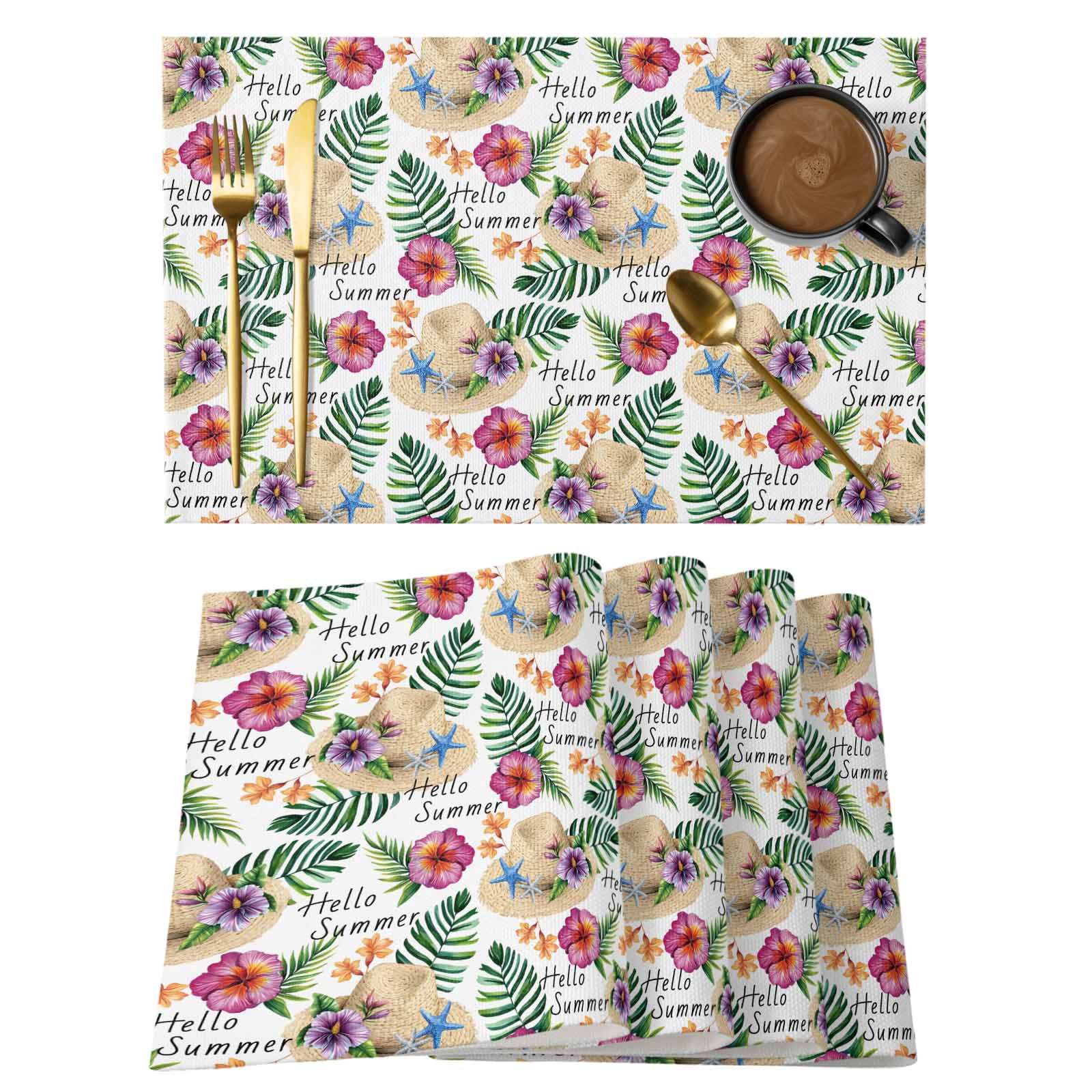 Coastal Tropical Placemats Set of 12 Green Palm Leaf Flowers Straw Hat ...