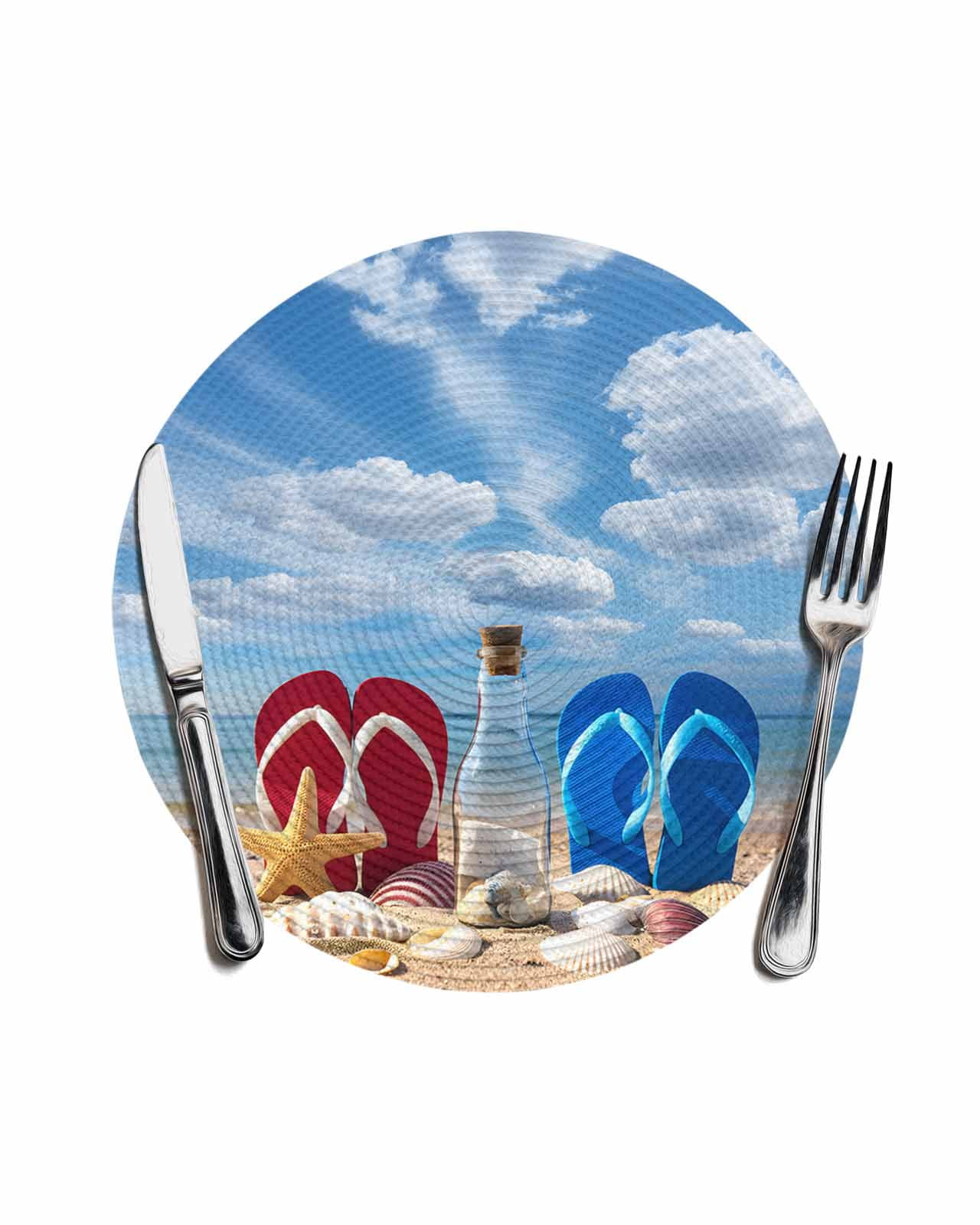 Coastal Tropical Round Table Placemats 1 pc, Beach Ocean Shell Slippers ...