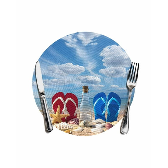 Coastal Tropical Round Table Placemats 1 pc, Beach Ocean Shell Slippers ...