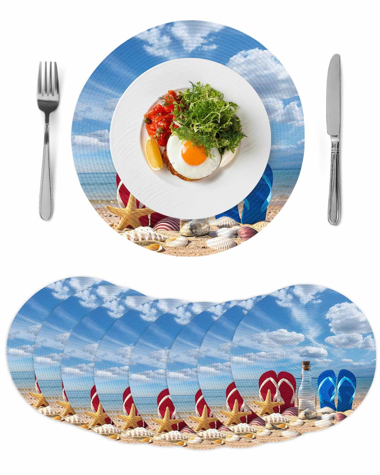 Coastal Tropical Round Table Placemats set of 8, Beach Ocean Shell ...