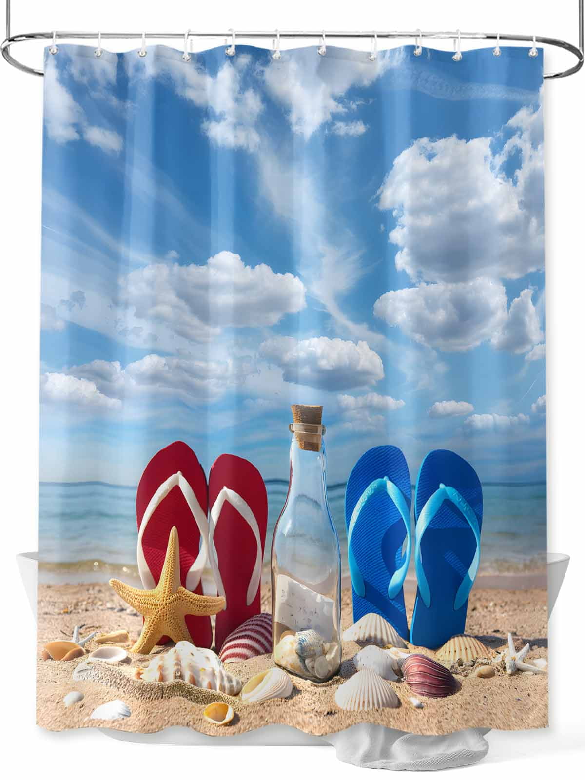 Coastal Tropical Shower Curtain, Beach Ocean Shell Slippers Bathroom ...
