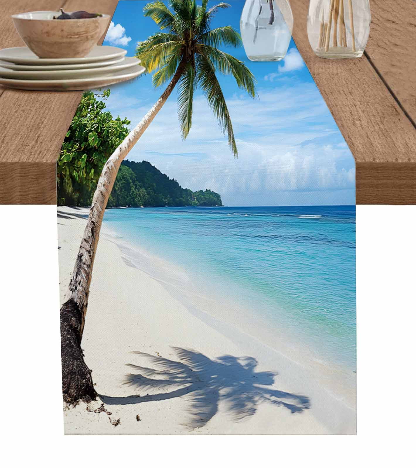 Coastal Tropical Table Runner 48 Inches, Blue Sky Coconut Tree Summer ...