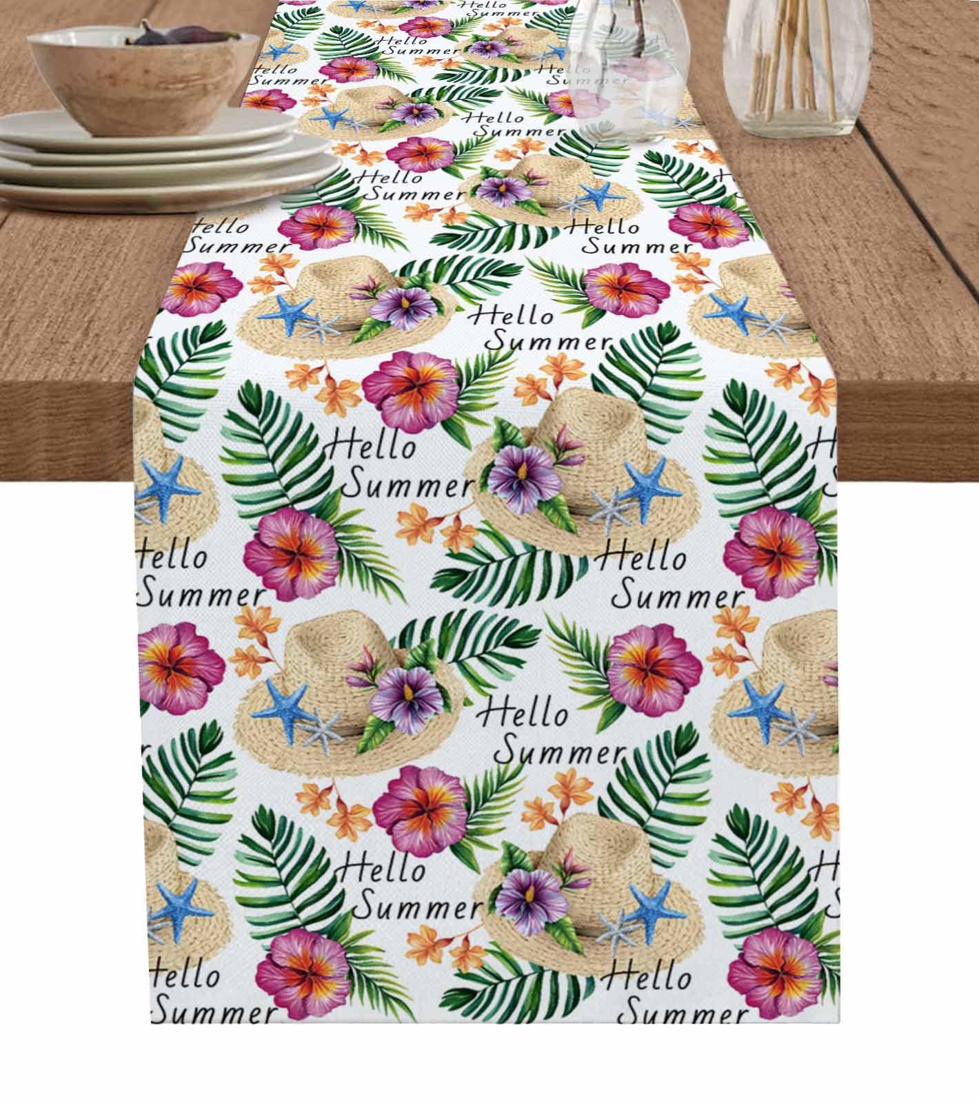 Coastal Tropical Table Runner 48 Inches, Green Palm Leaf Flowers Straw ...