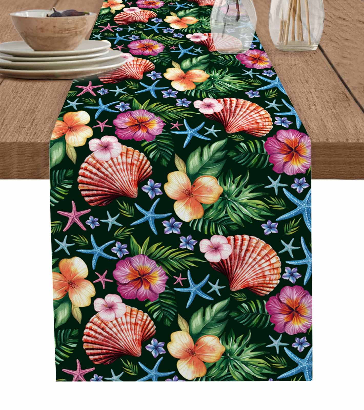 Coastal Tropical Table Runner 72 Inches, Green Palm Leaf Blue Starfish ...