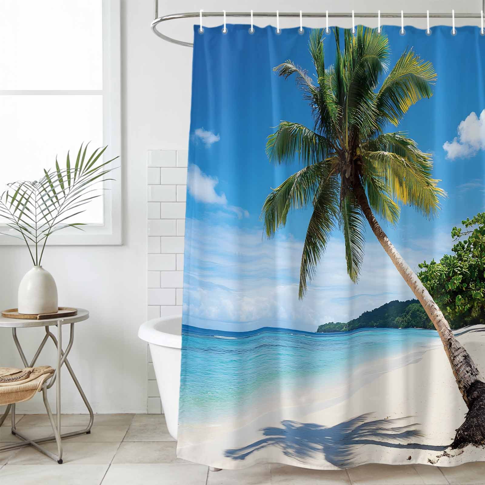 Coastal Tropical Waterproof Fabric Shower Curtain,Blue Sky Coconut Tree ...