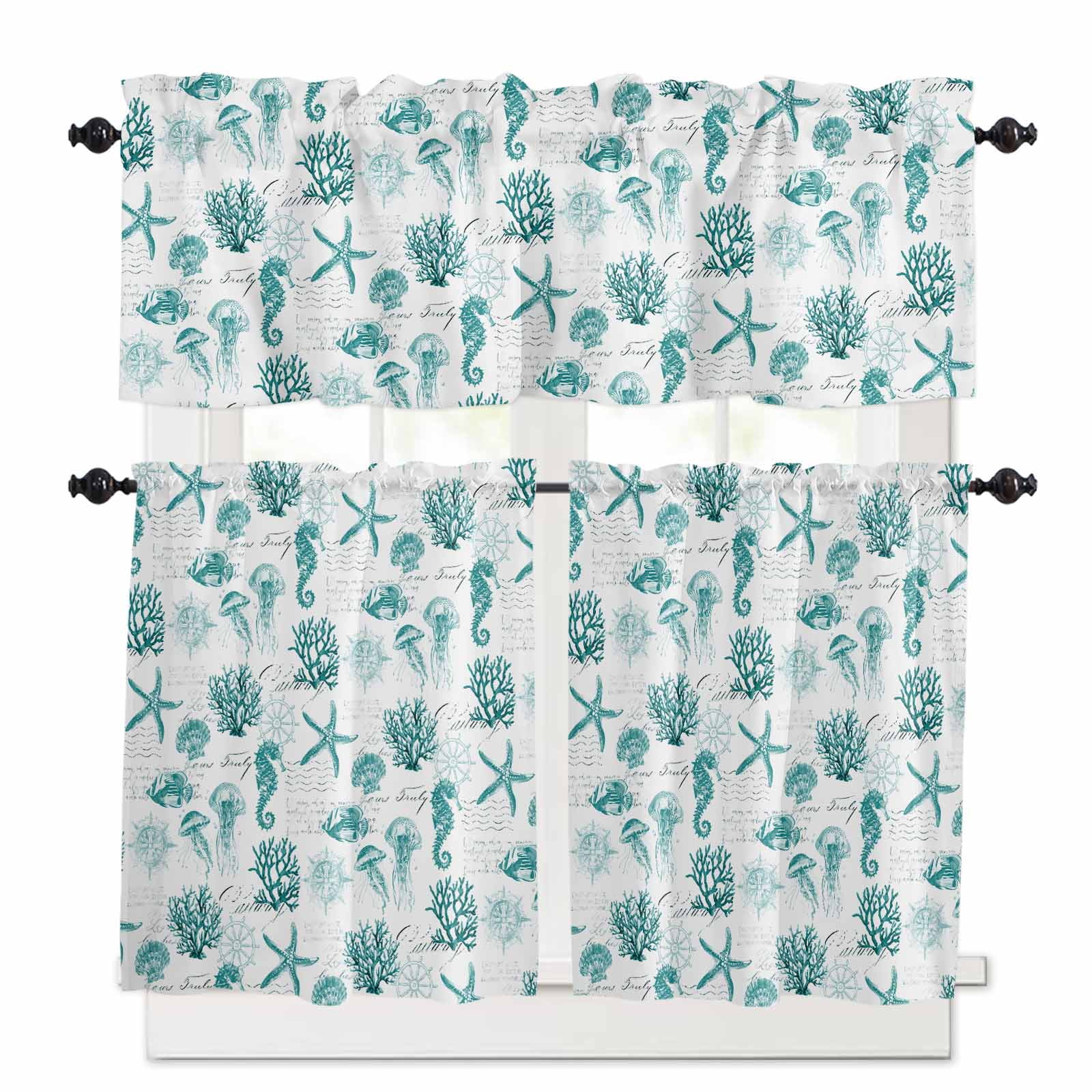 Coastal Turquoise Kitchen Curtains Set for Windows 3 Pieces,36 Inch ...