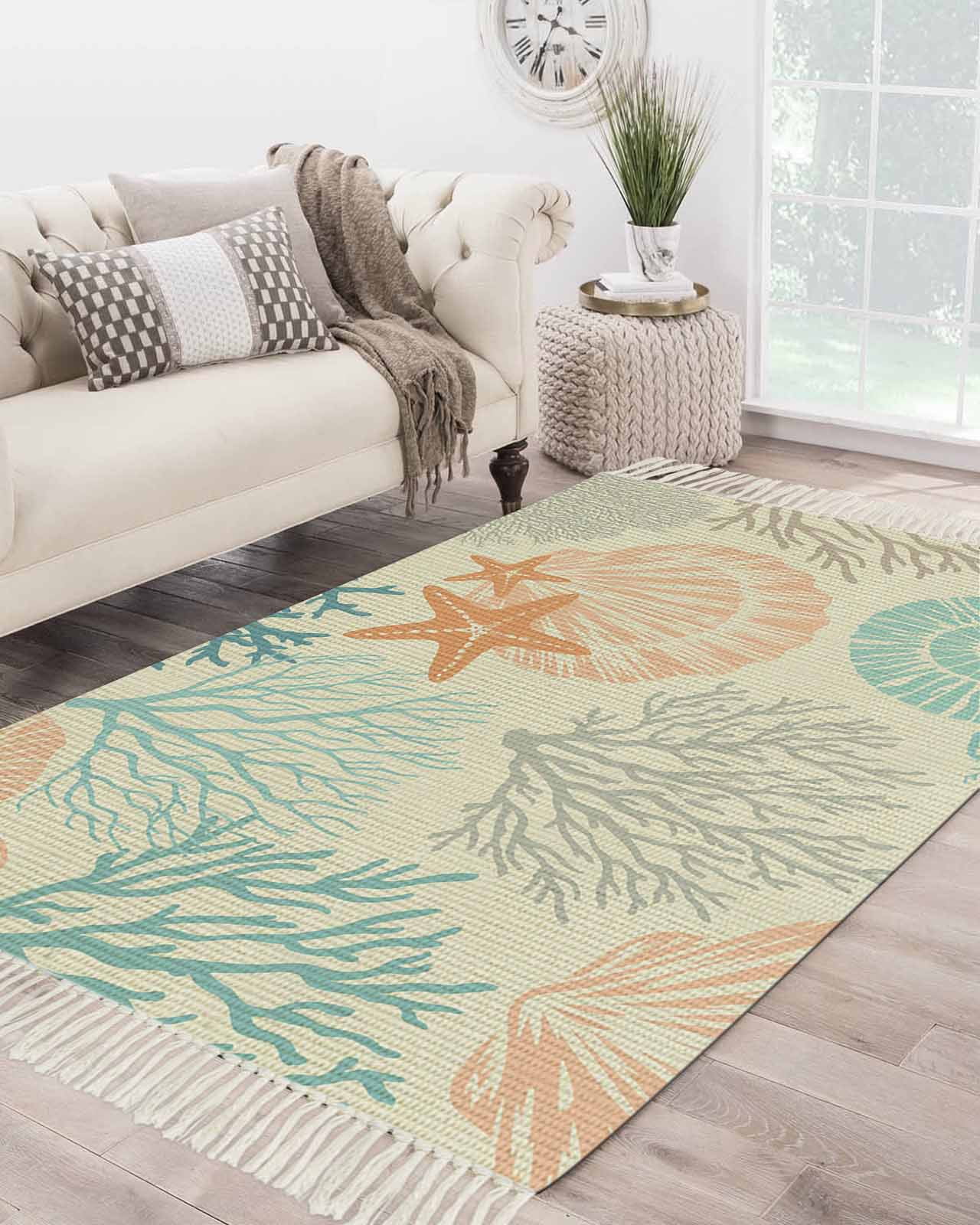 Coastal Turquoise Large Area Rug 4x6ft Woven Runner Rug,Ocean Coral ...