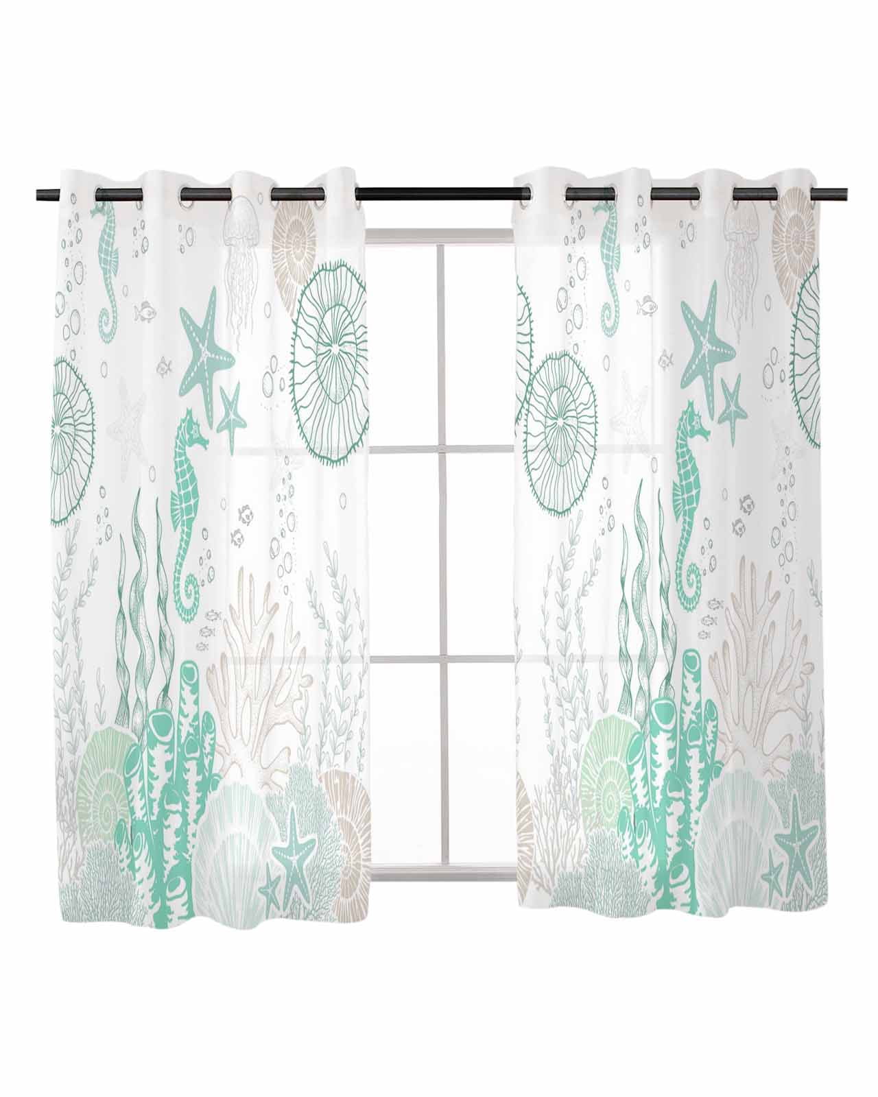 Coastal Turquoise Sheer Curtains 54 Inch Length 2 Panels Coral Starfish ...
