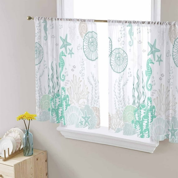Coastal Turquoise Sheer Curtains 54 Inches Length 2 Panels Set, Window ...