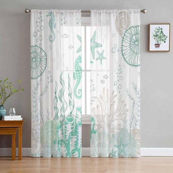 Coastal Turquoise Sheer Curtains 72 Inches Long 2 Panels Set, Window ...
