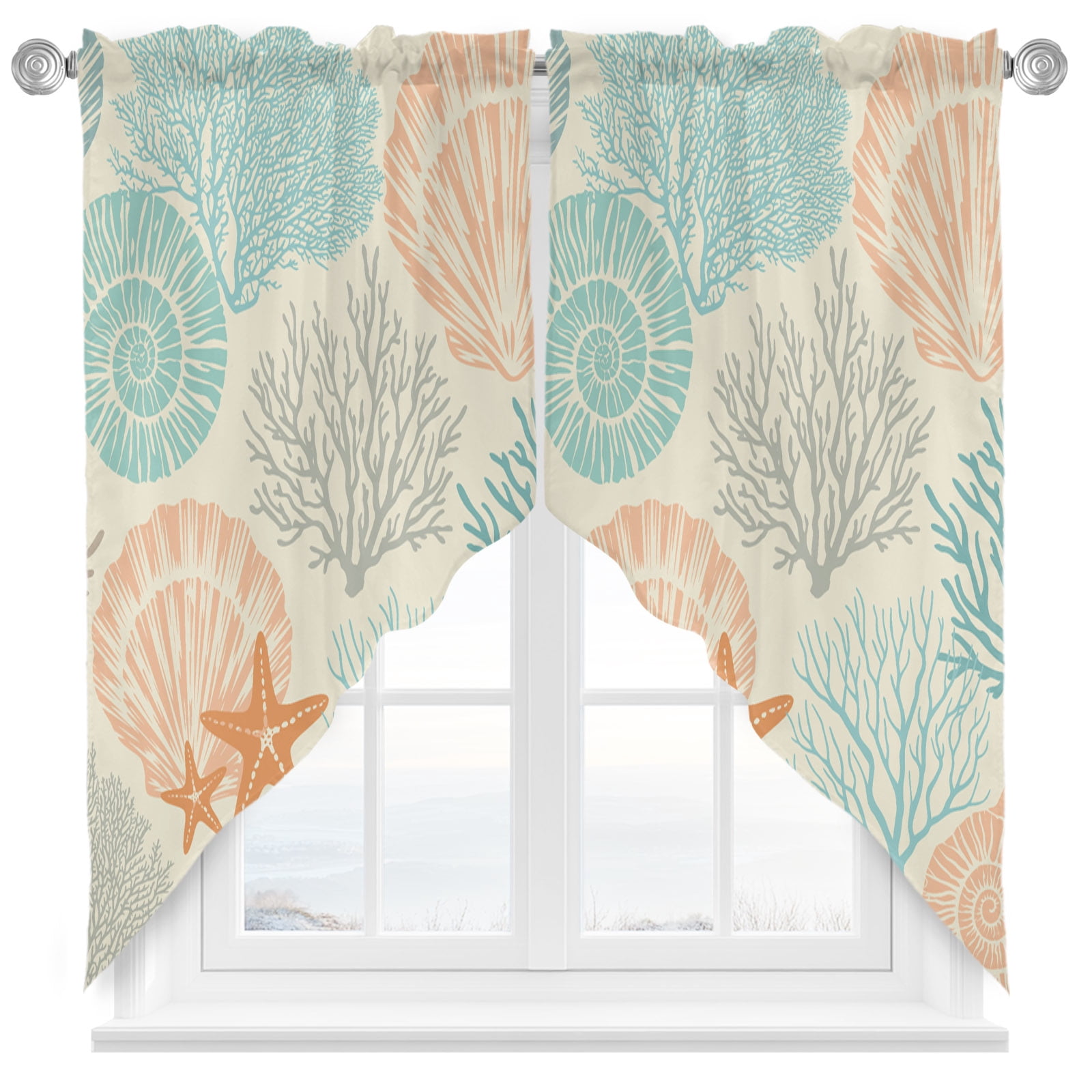 Coastal Turquoise Swag Curtains Valance For Kitchen Windows, Ocean ...