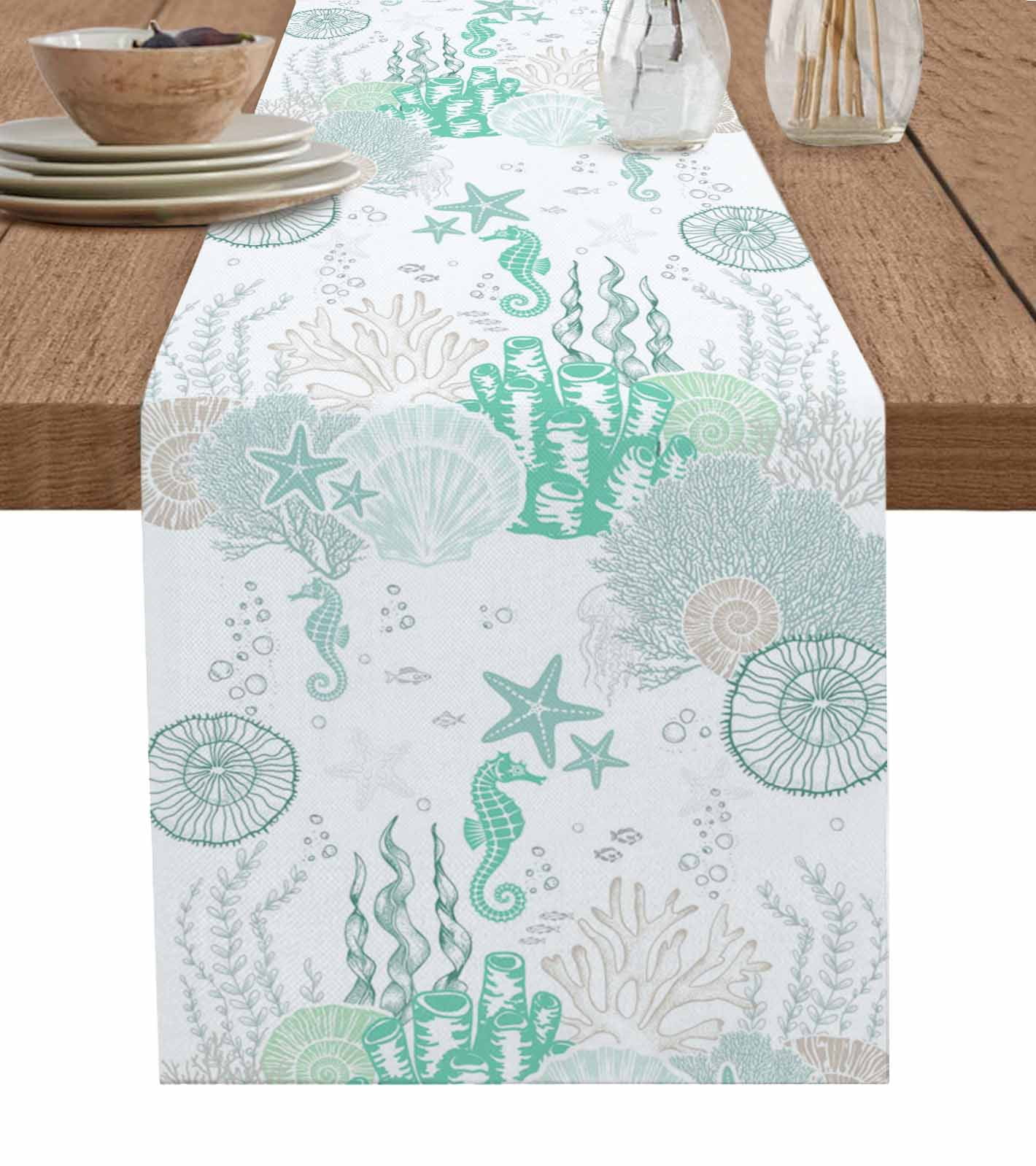 Coastal Turquoise Table Runner 72 Inches, Coral Starfish Jellyfish ...
