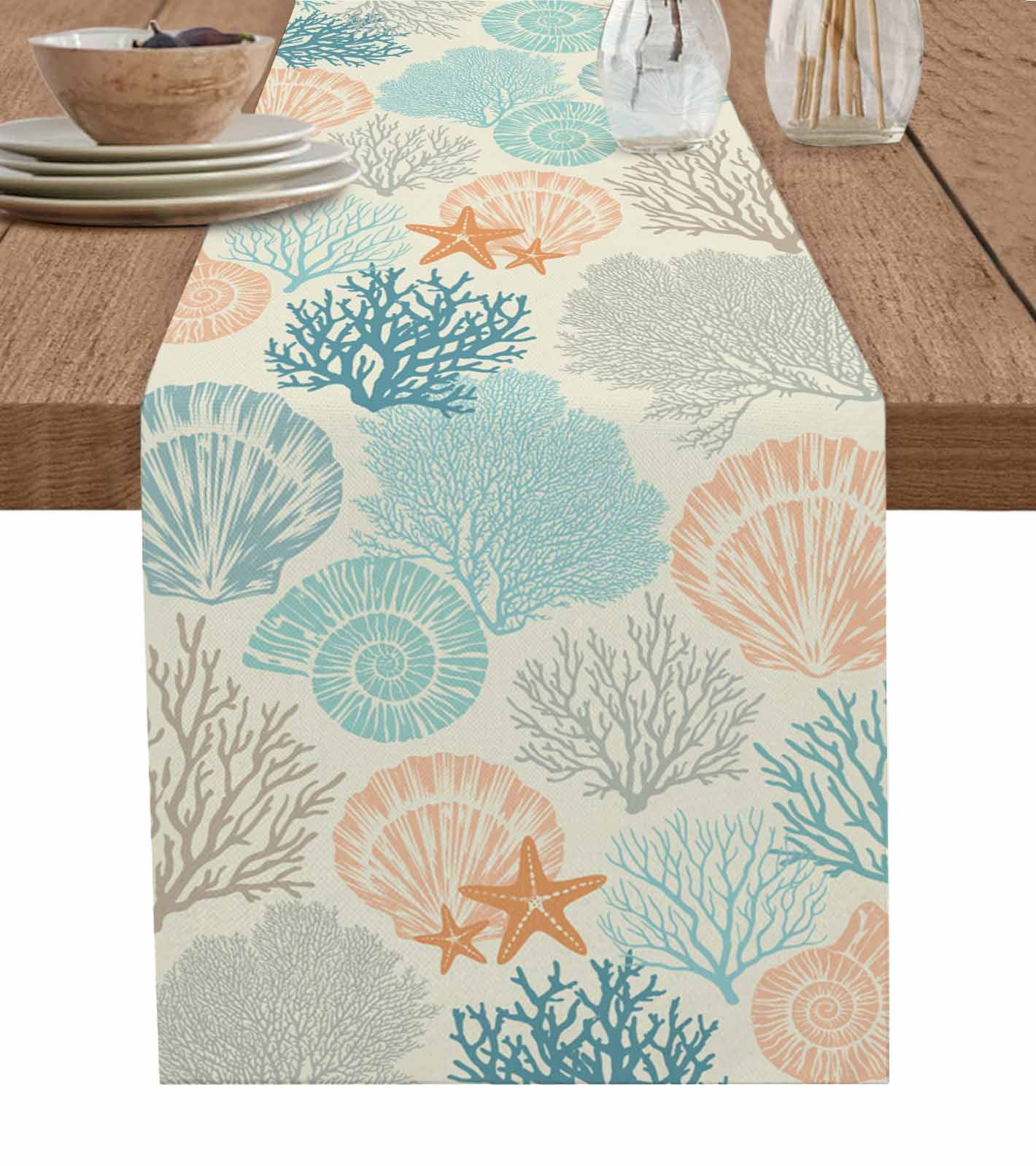 Coastal Turquoise Table Runner Ocean Coral Starfish Shell Modern Sea ...