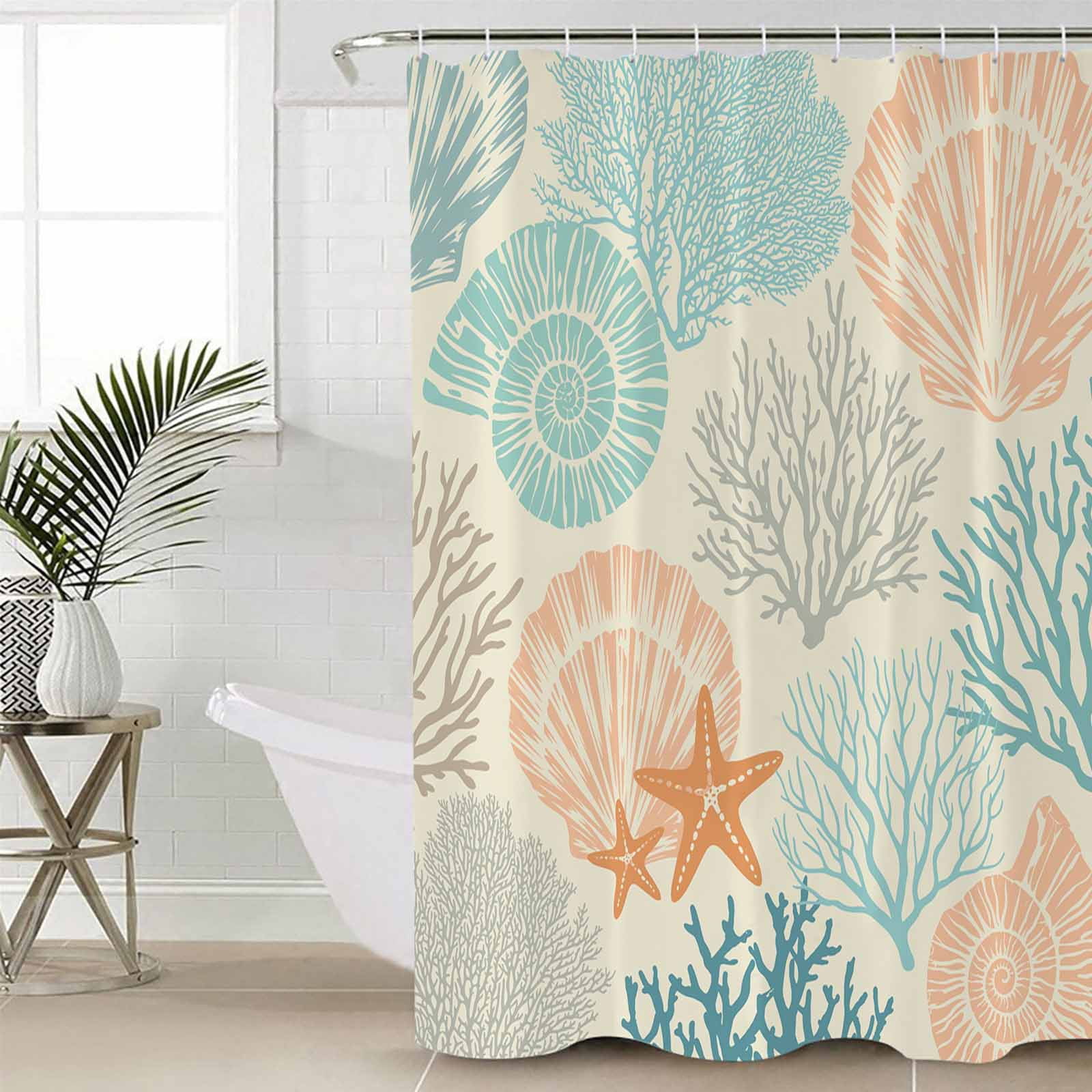 Coastal Turquoise Waterproof Fabric Shower Curtain, Ocean Coral ...
