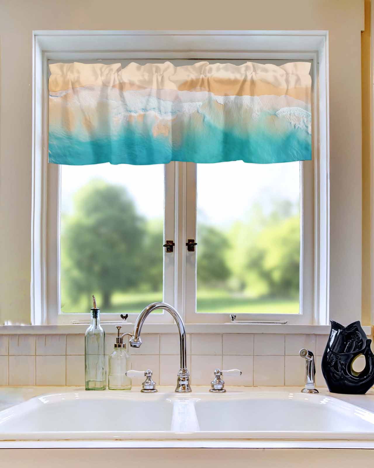 Coastal Turquoise Waves on Beach Window Valances for Kitchen,Rod Pocket ...