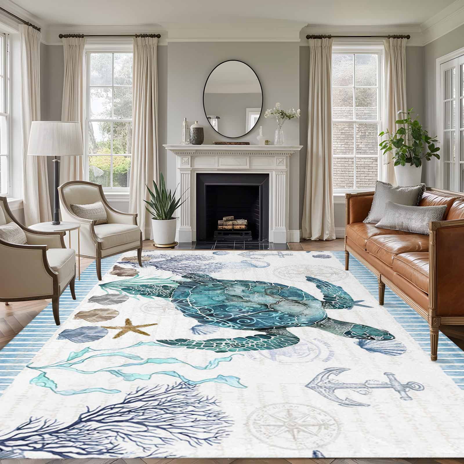 Coastal Turtle Area Rug 6x9 Washable Rug Non Slip Nautical Starfish ...
