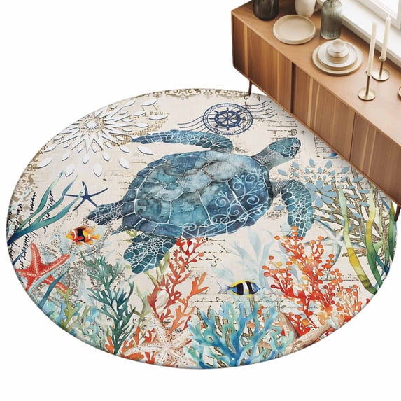 Coastal Turtle Area Rugs 4' (Round) Ocean Coral Seaweed Floor Rug Non ...