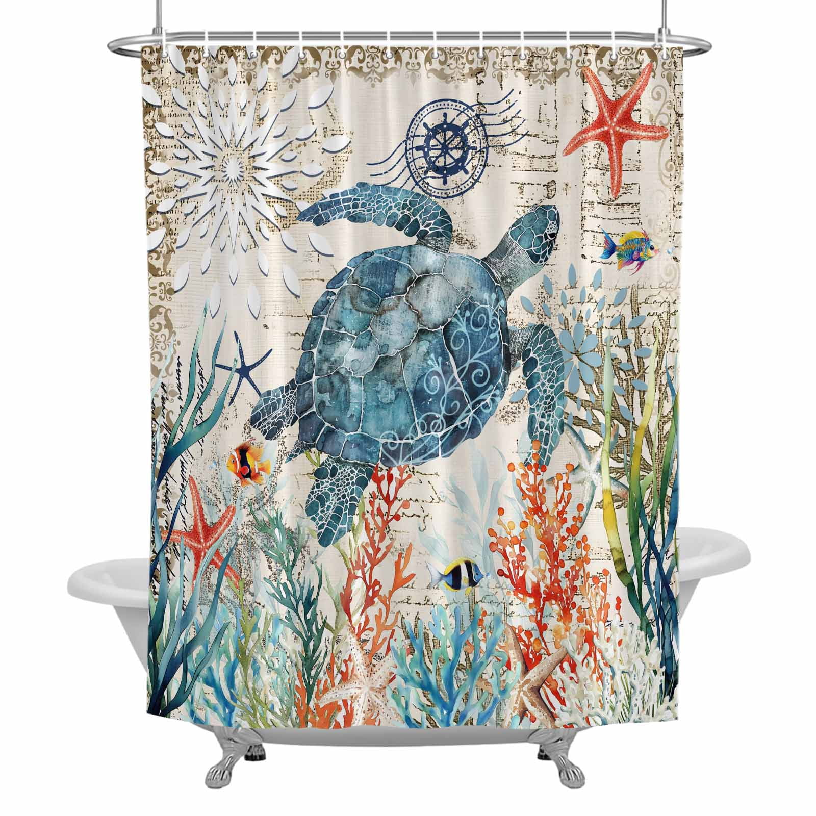 Coastal Turtle Bathroom Shower Curtain, Ocean Coral Seaweed Vintage ...
