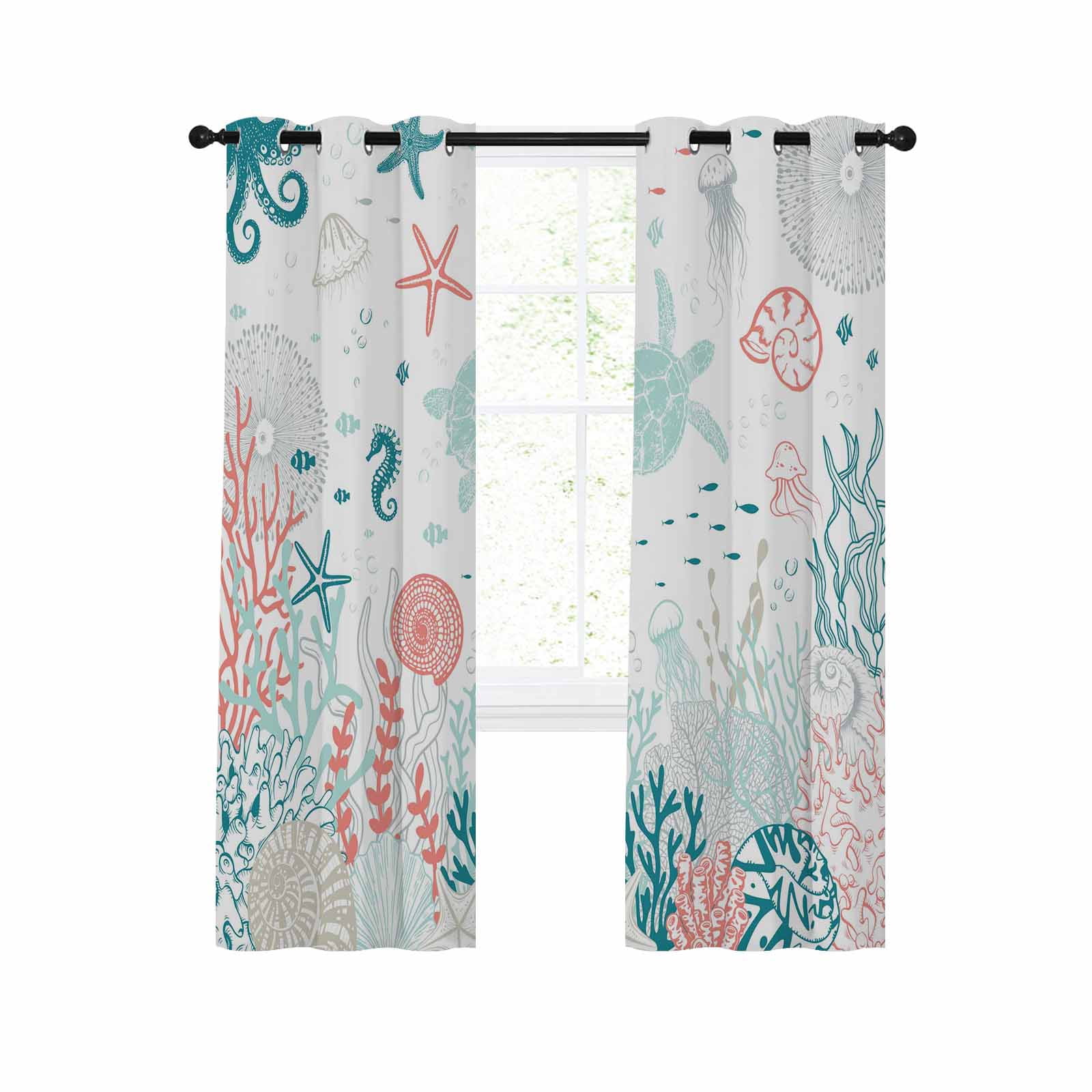 Coastal Turtle Blackout Curtains 45 Inches Long for Bedroom, Teal Green ...