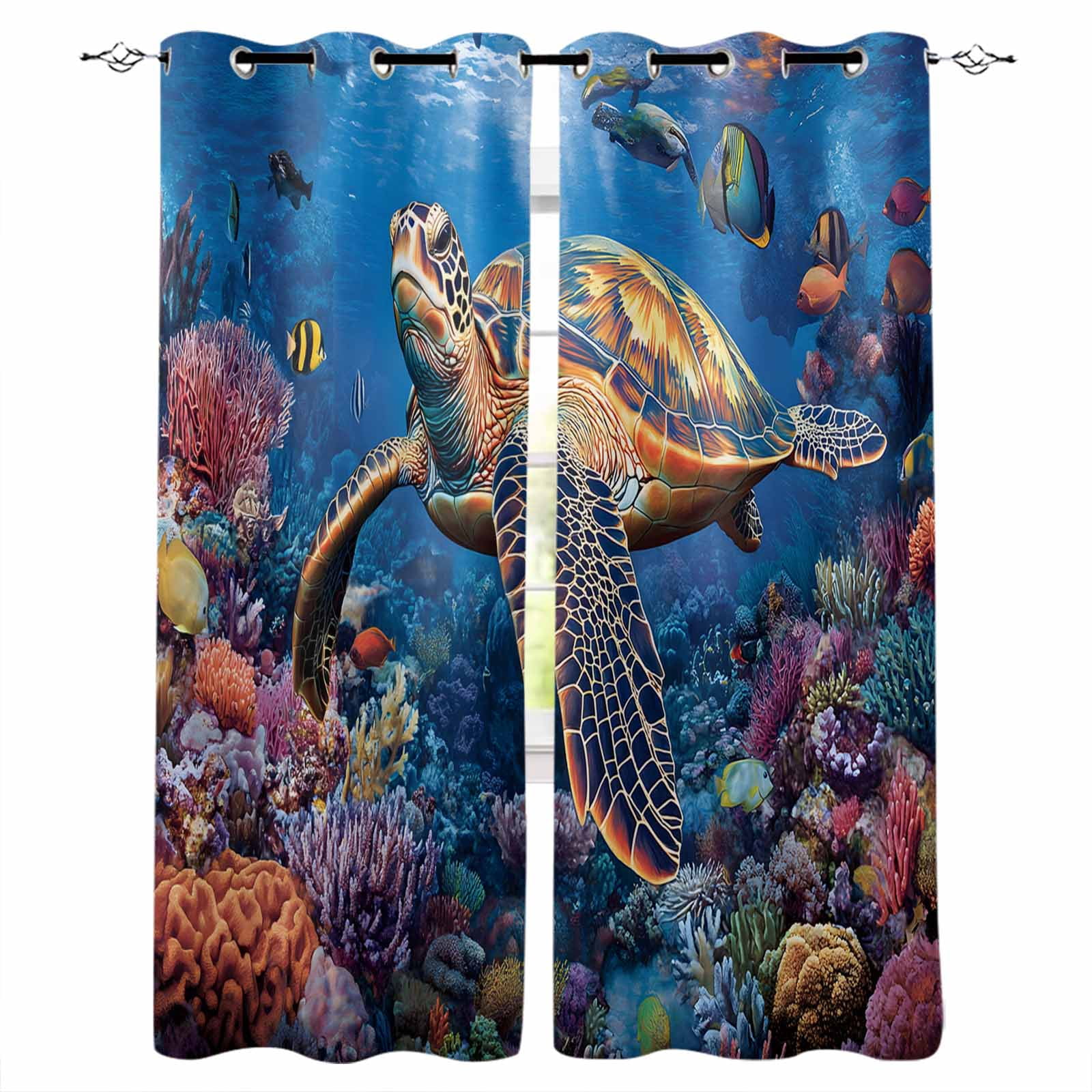 Coastal Turtle Blackout Curtains 90 Inches Long for Bedroom, Turquoise ...
