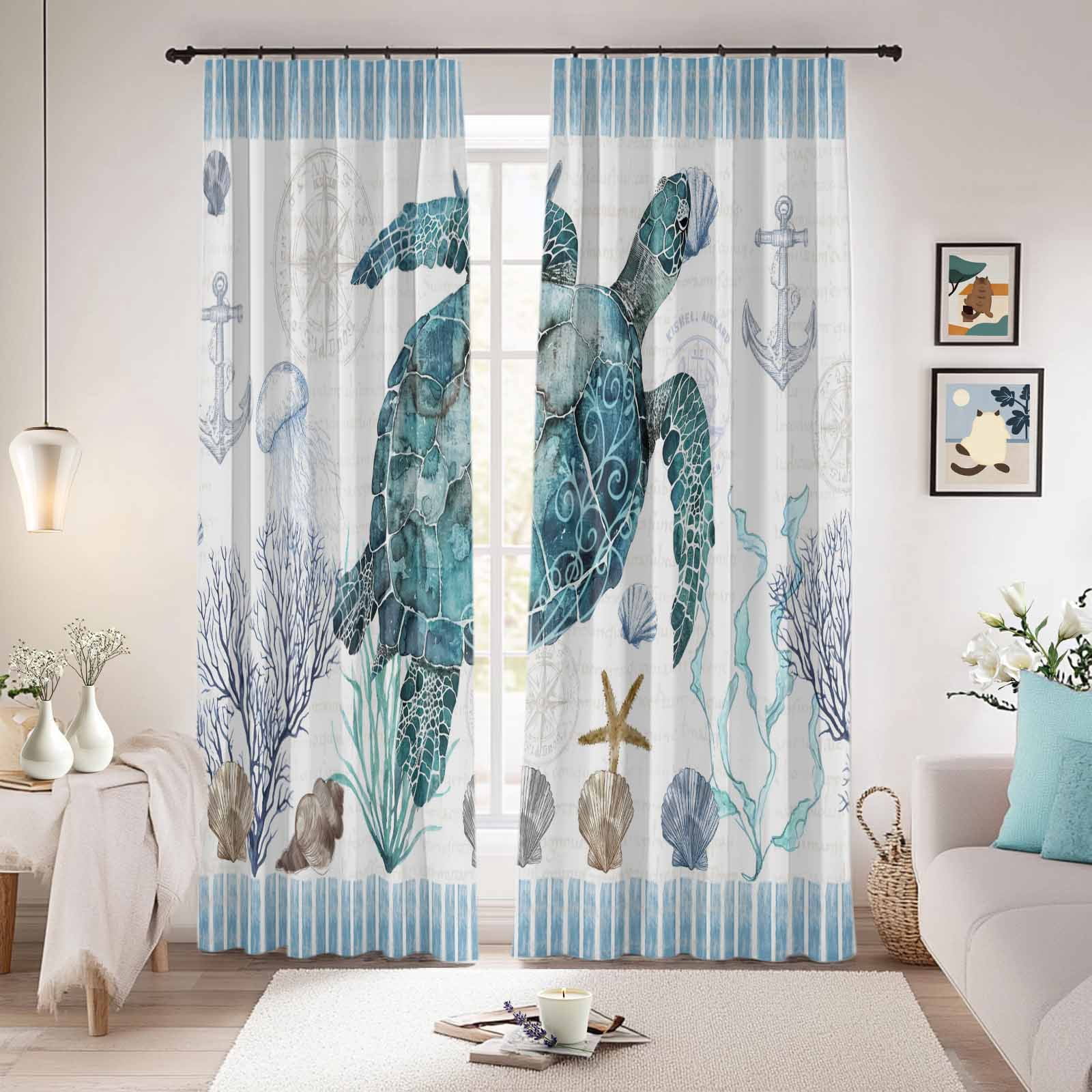 Coastal Turtle Blackout Curtains for Bedroom/Living Room, Pinch Pleated ...