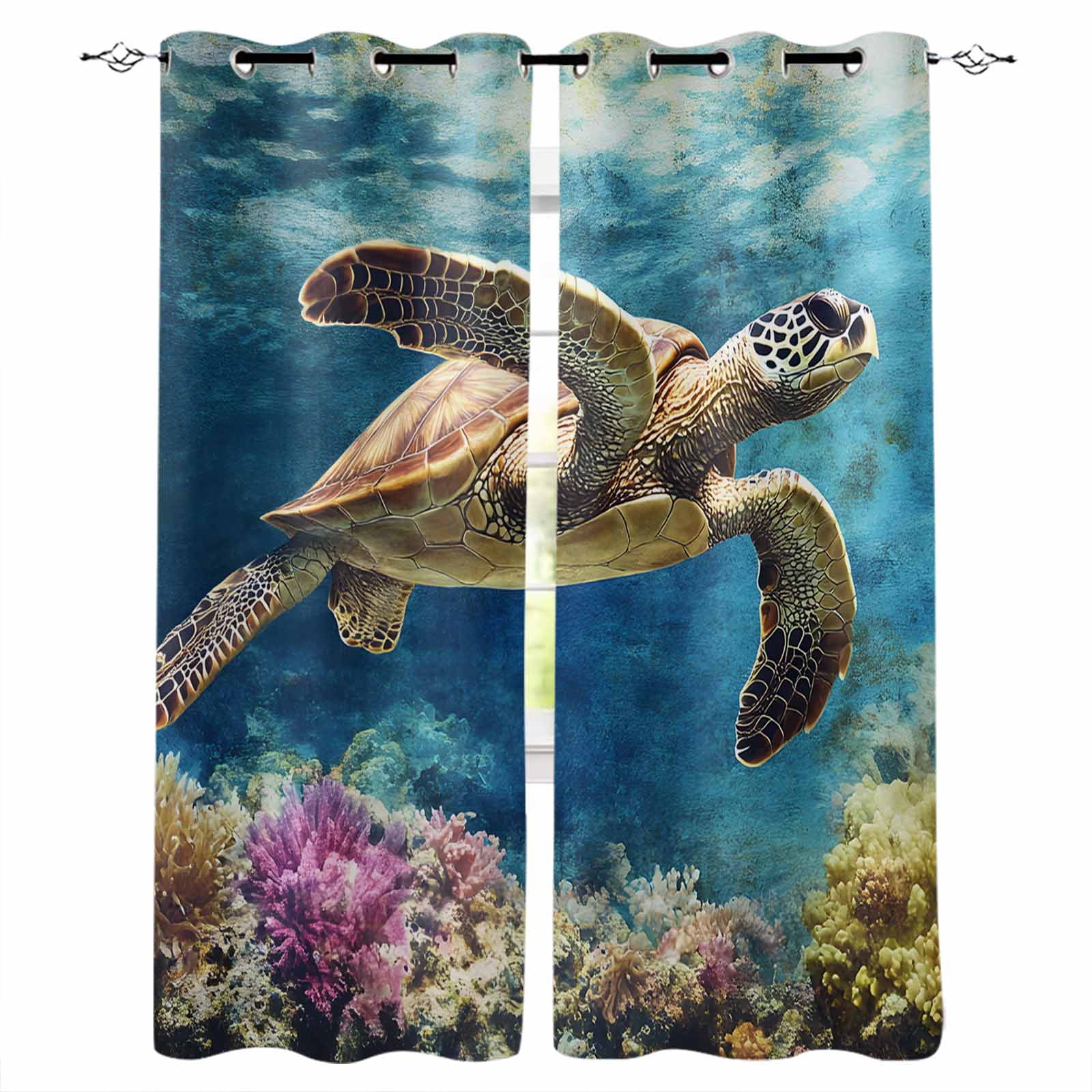 Coastal Turtle Blackout Curtains for Bedroom/Living Room, Thermal ...