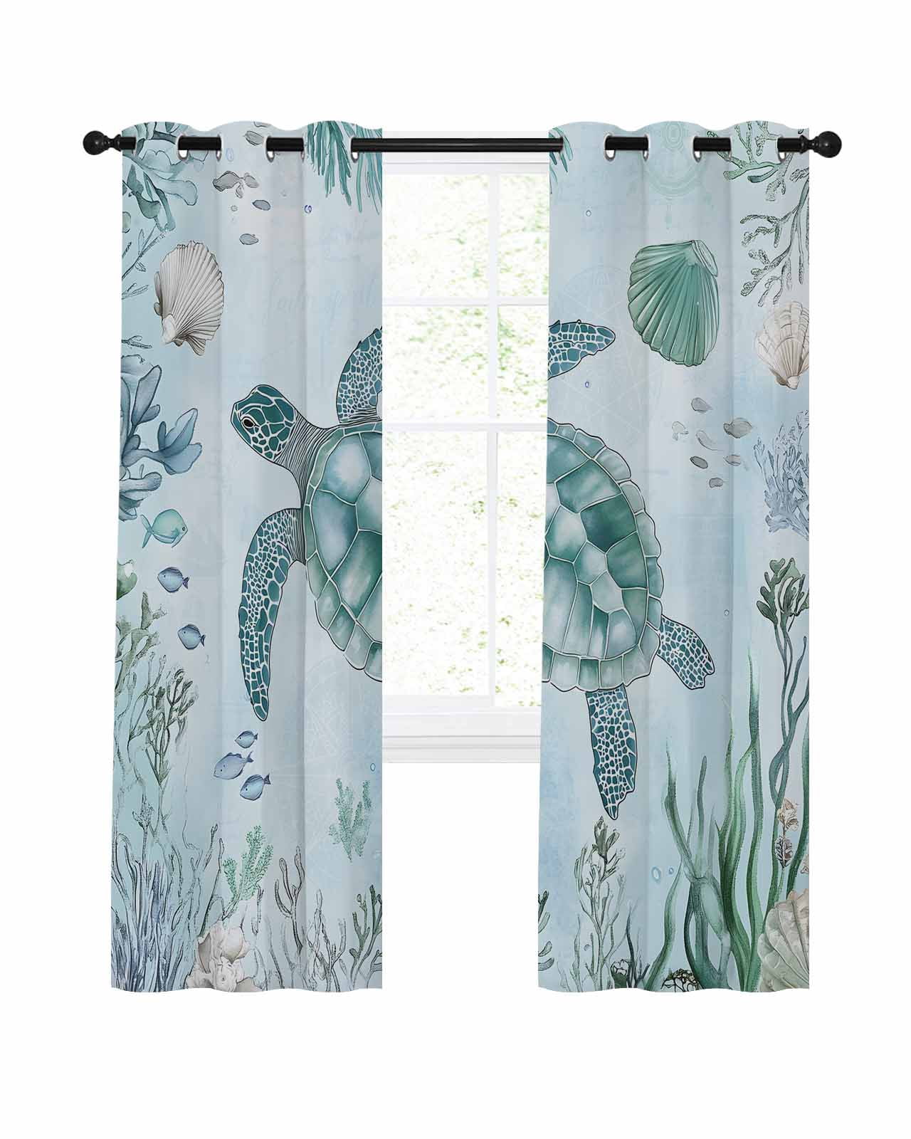Coastal Turtle Blackout Curtains, Light Blocking Print Window Curtains ...