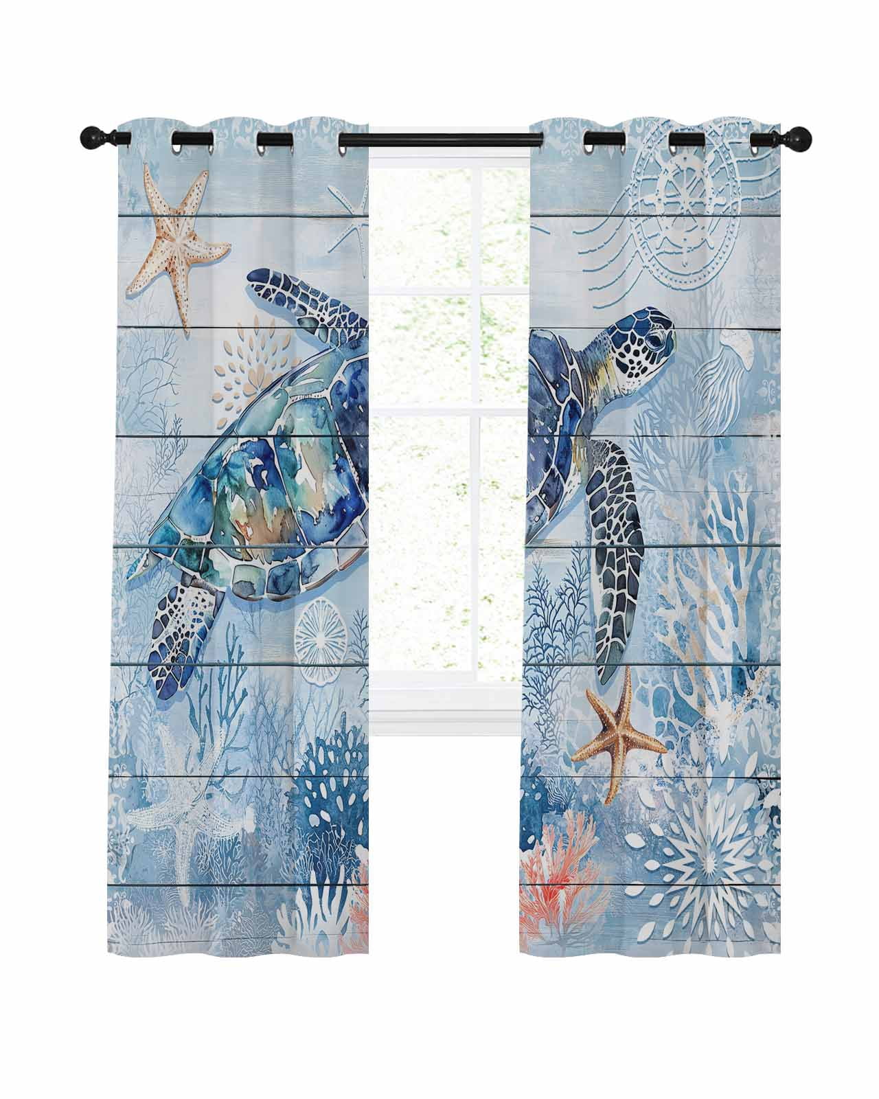 Coastal Turtle Blackout Curtains, Light Blocking Print Window Curtains ...
