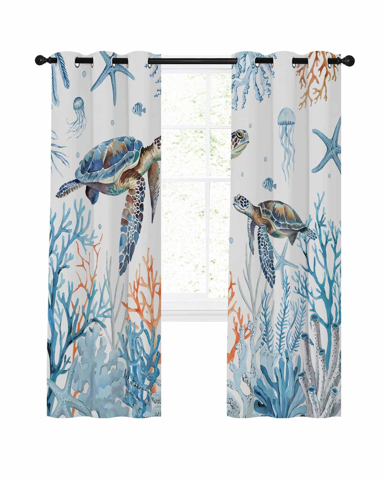 Coastal Turtle Blackout Curtains, Light Blocking Print Window Curtains ...