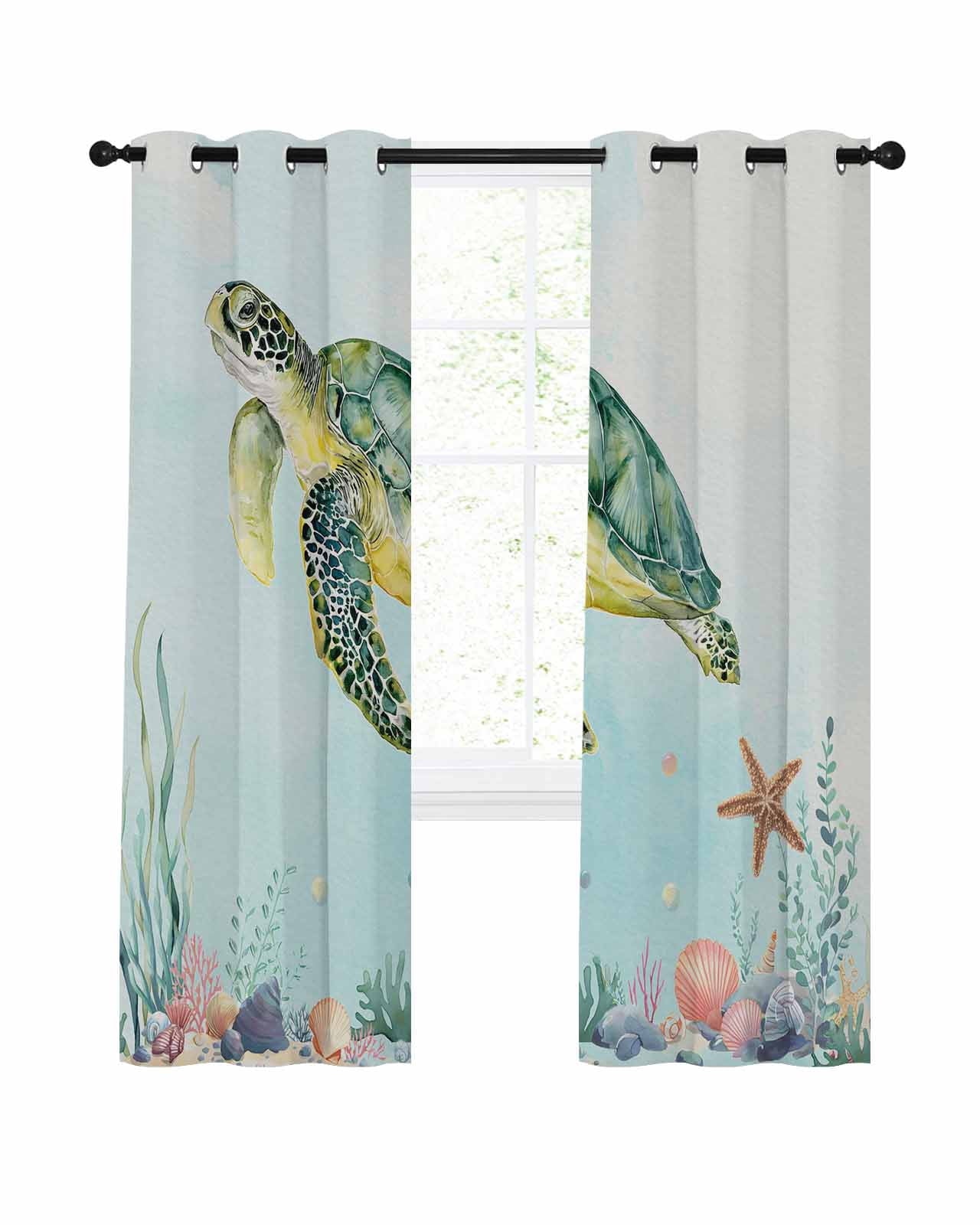 Coastal Turtle Blackout Curtains, Light Blocking Print Window Curtains ...