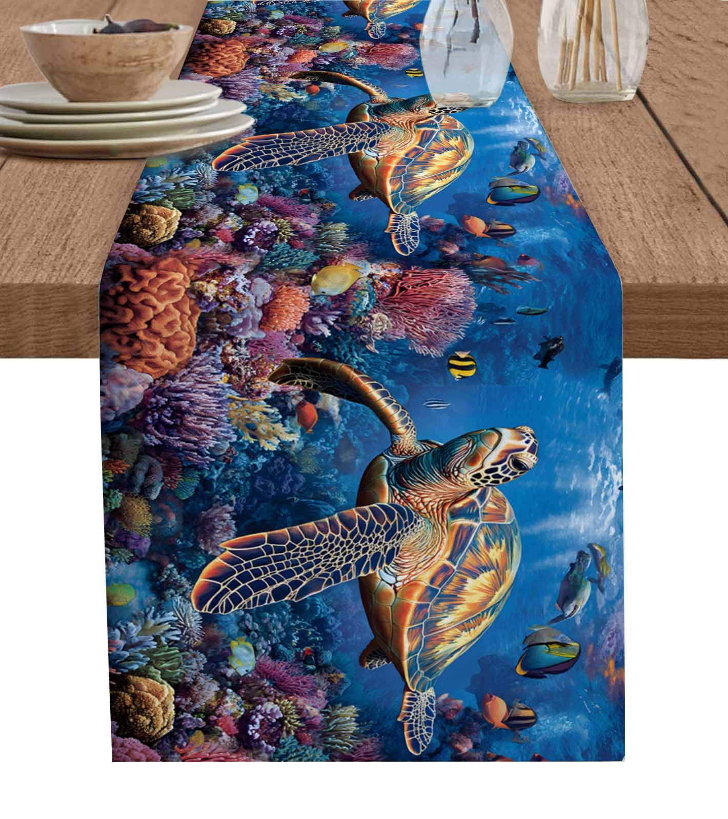 Coastal Turtle Burlap Cotton Table Runner 13x36 Inches Short, Turquoise ...