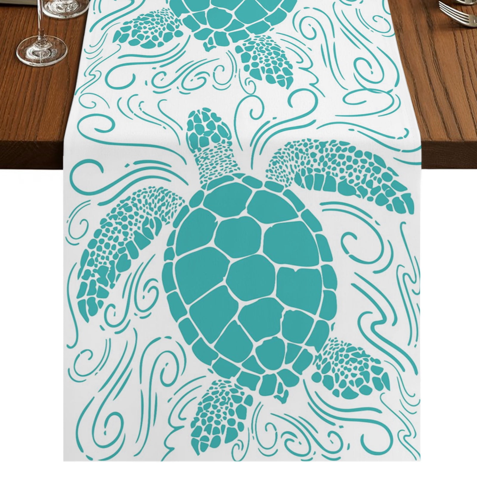Coastal Turtle Burlap Cotton Table Runner 14x72 Inches Long, Teal Green ...